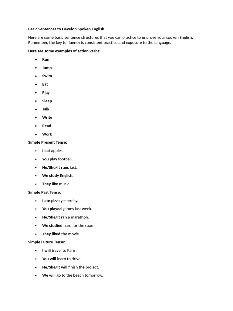 Basic Sentences to Develop Spoken English | PDF | English Language ...