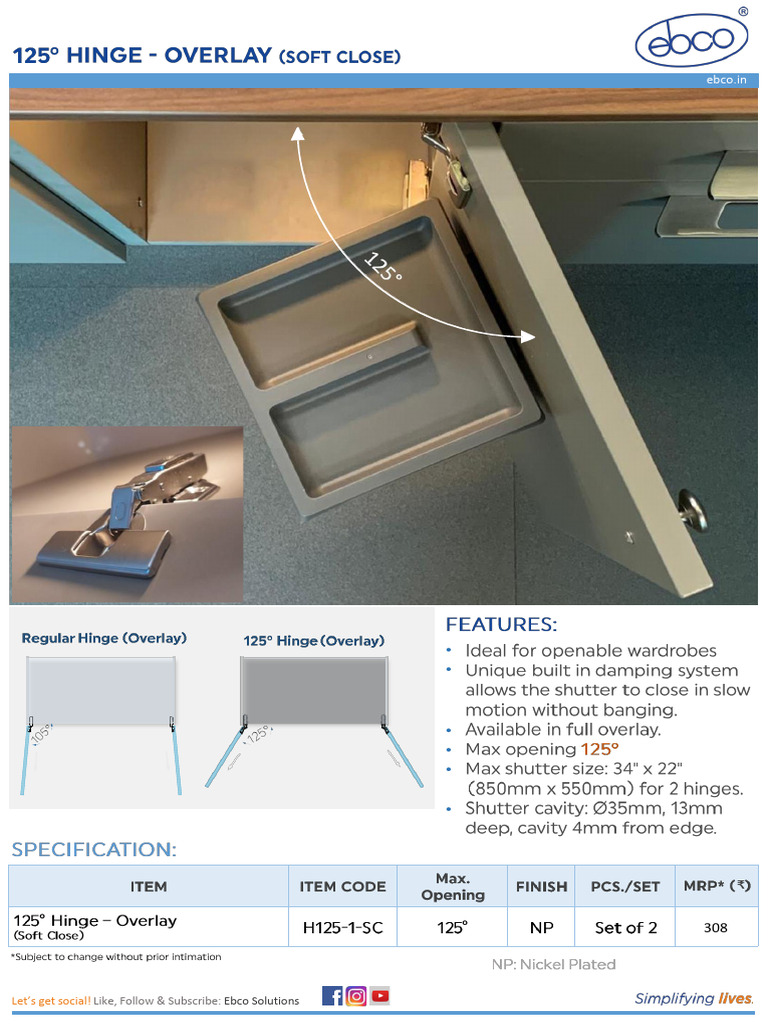 125 Degree Hinge - Overlay (Soft Close) | PDF