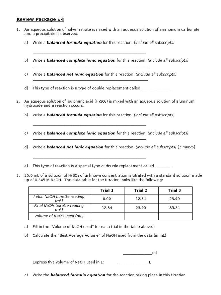 Chem 11 - Review Package 4 | PDF | Titration | Chemistry