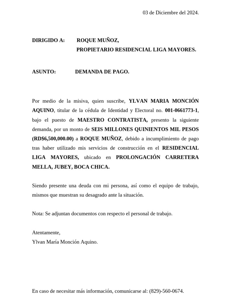 Carta Demanda - Roque Muñoz | PDF