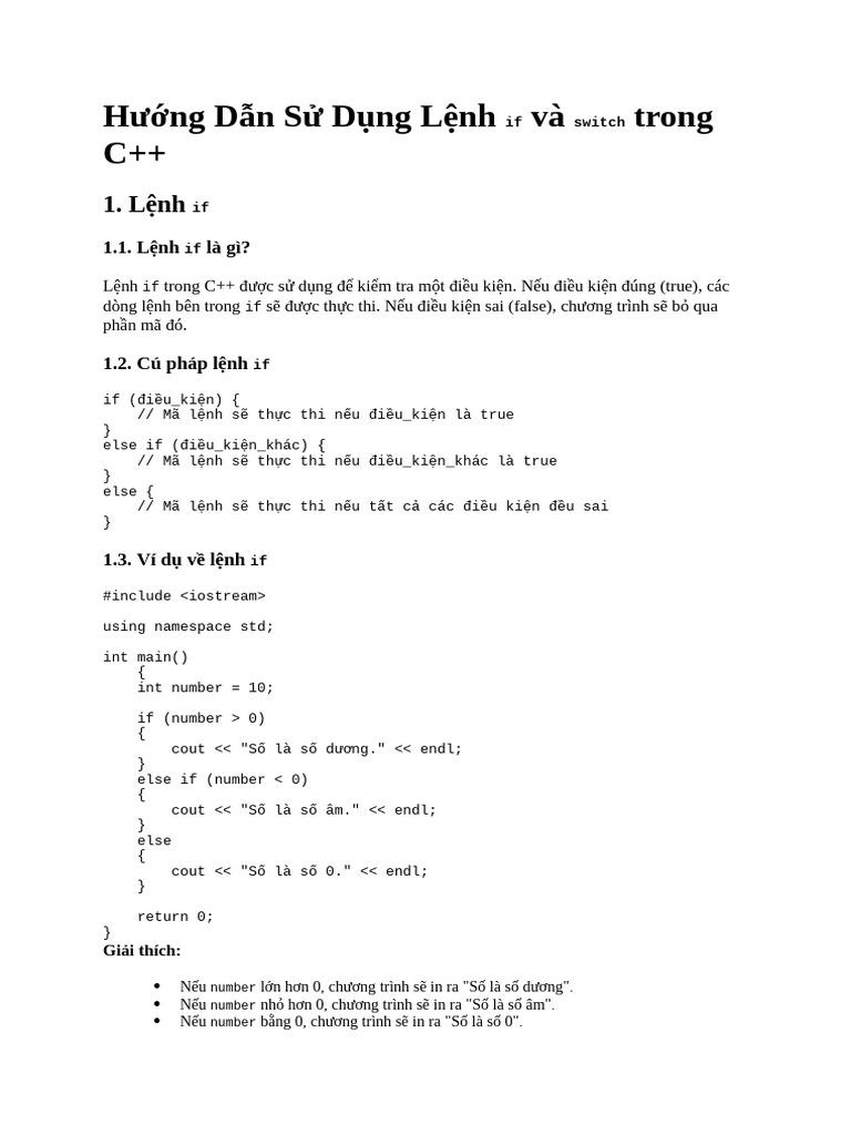 Hướng Dẫn Sử Dụng Lệnh if và switch trong C | PDF