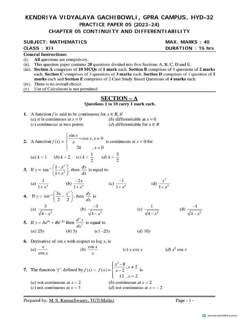 Maths Class Xii Chapter 05 Continuity and Differentiability Practice Paper 05 | PDF
