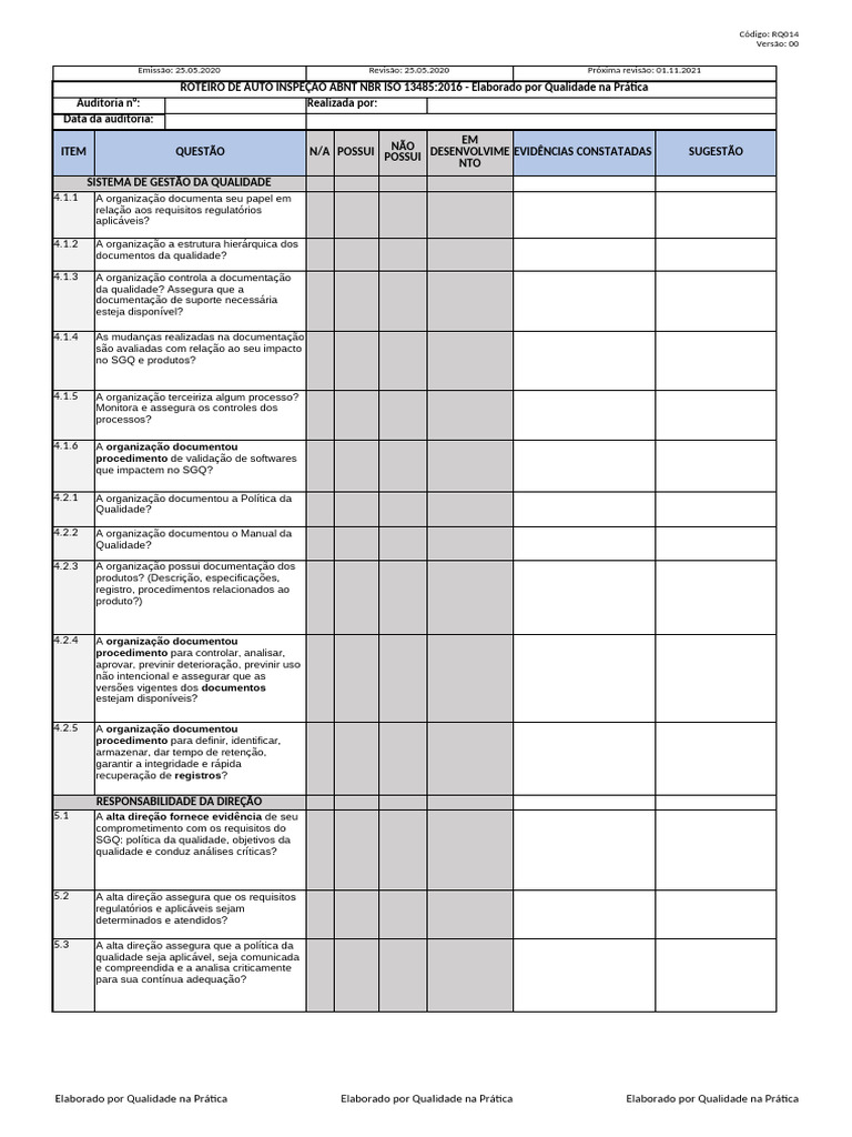 Checklist ISO 13485 - 2016 | PDF | Qualidade (negócios) | Comentários