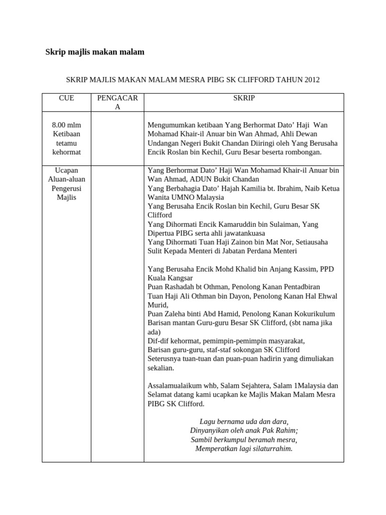 Skrip Majlis Makan Malam PIBG 2012 | PDF