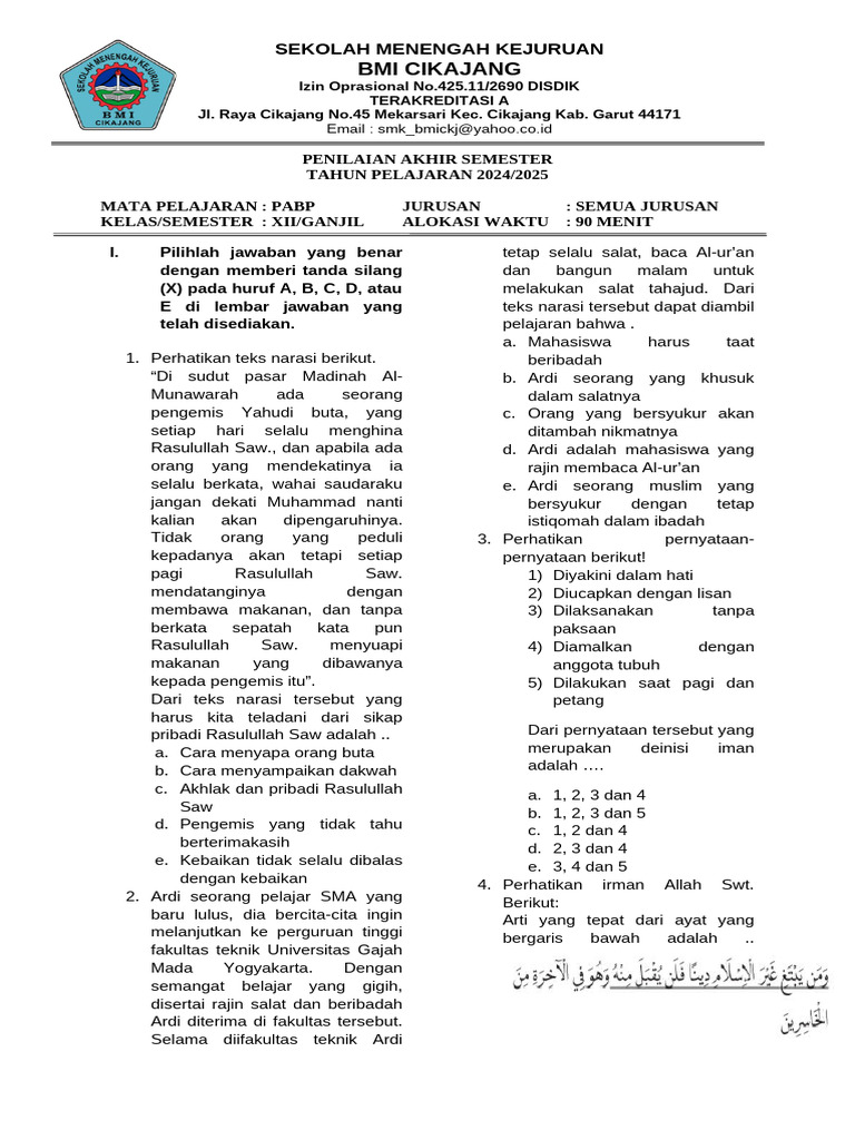 SOAL PABP KELAS XII | PDF SOAL PABP KELAS XII | PDF