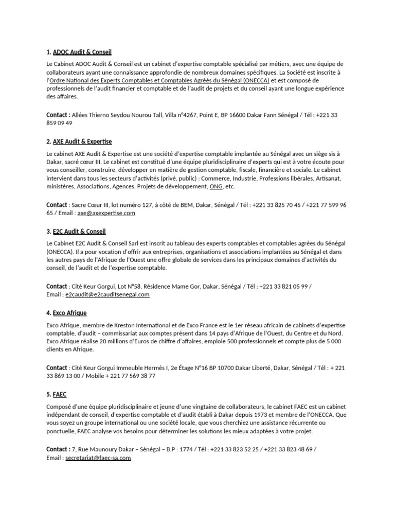 Cabinets d'expertise comptable au Sénégal | PDF | Audit | Comptabilité