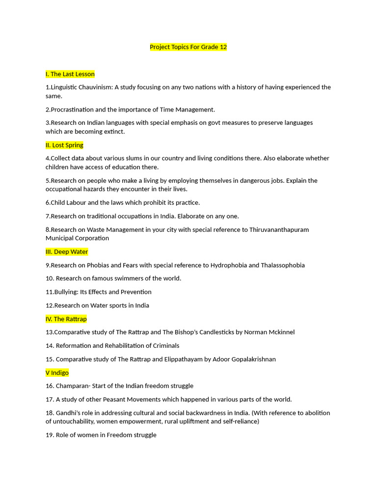 Grade 12 Project Topics New | PDF