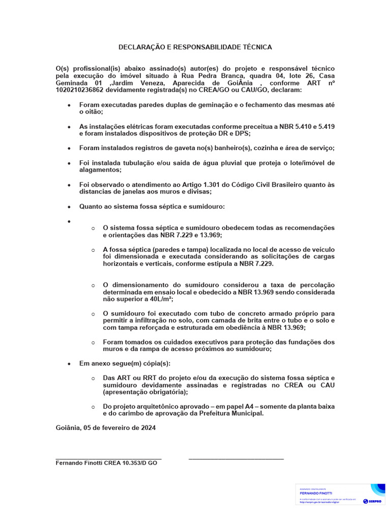 DECLARAÇÃO E RESPONSABILIDADE TÉCNICA CASA 01 | PDF | Tanque séptico