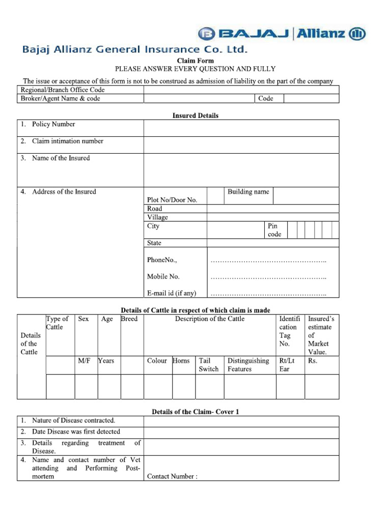Cattle - Claim Form | PDF