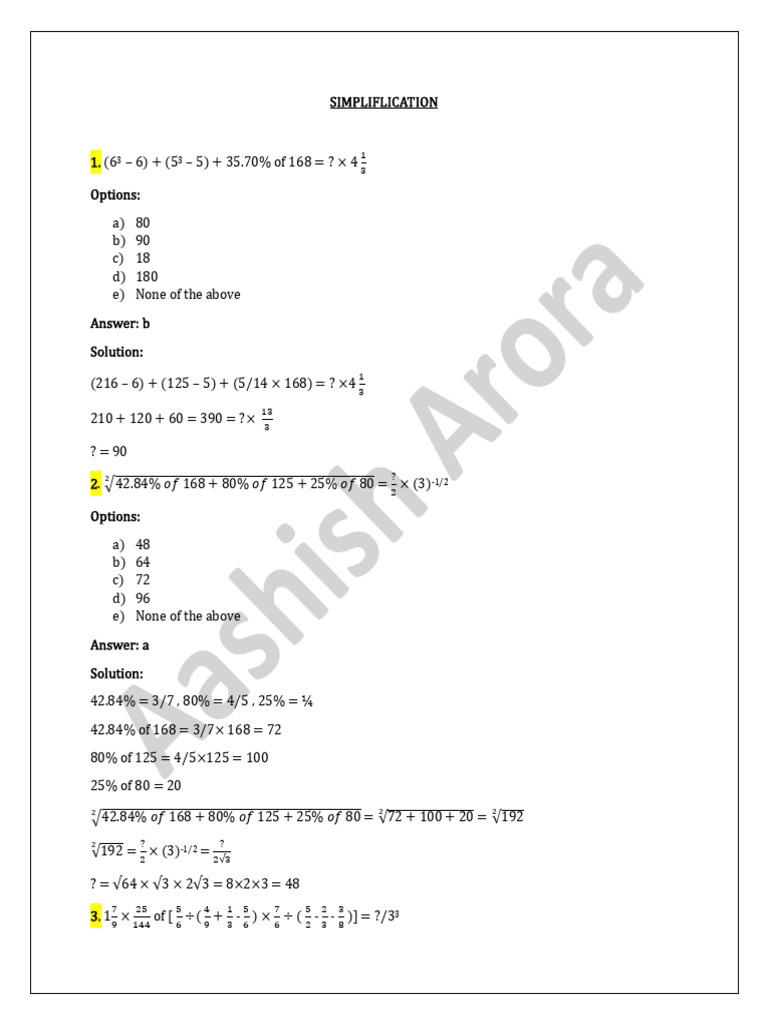 50 Simplification Questions Handpicked PDF by Aashish Arora | PDF ...