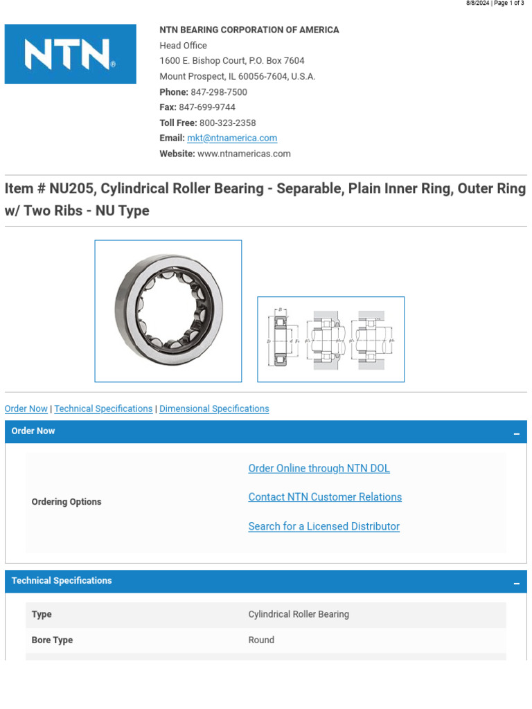 NU205 CylindricalRollerBearing Separable PlainInnerRing ...