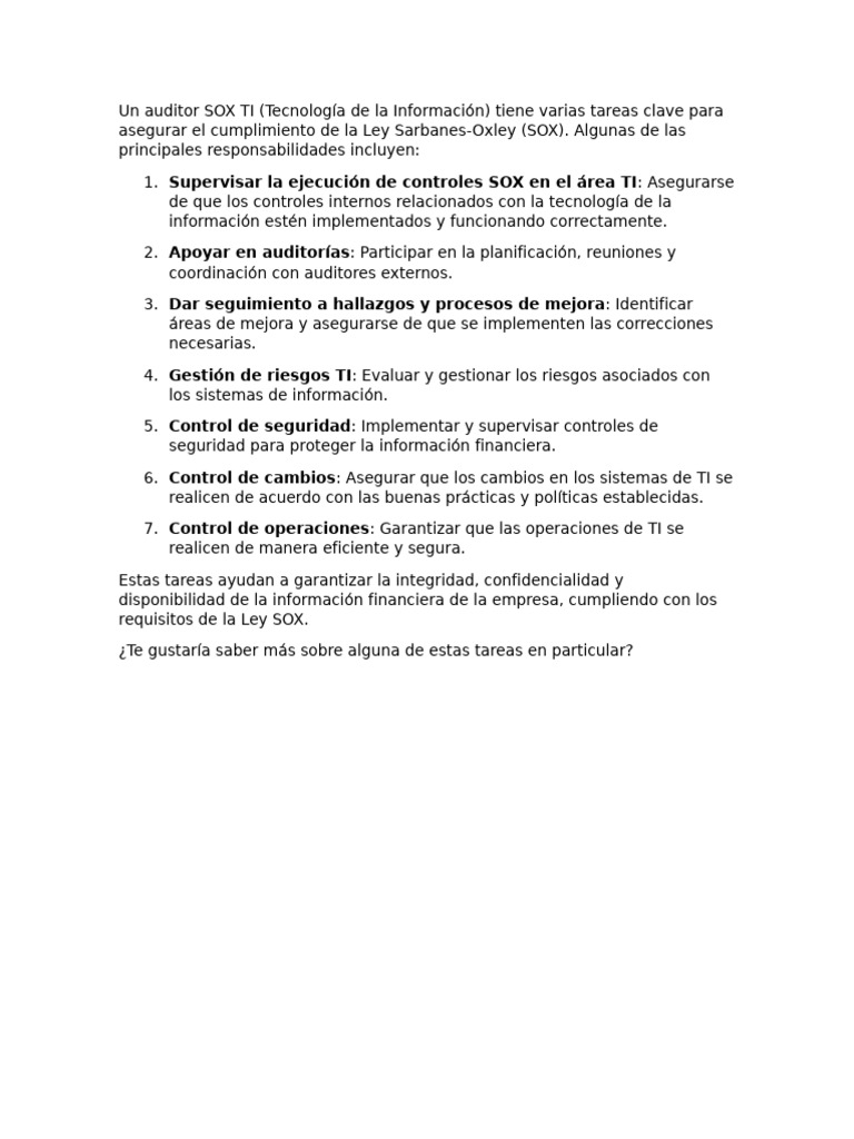 Supervisar La Ejecución de Controles SOX en El Área TI | PDF