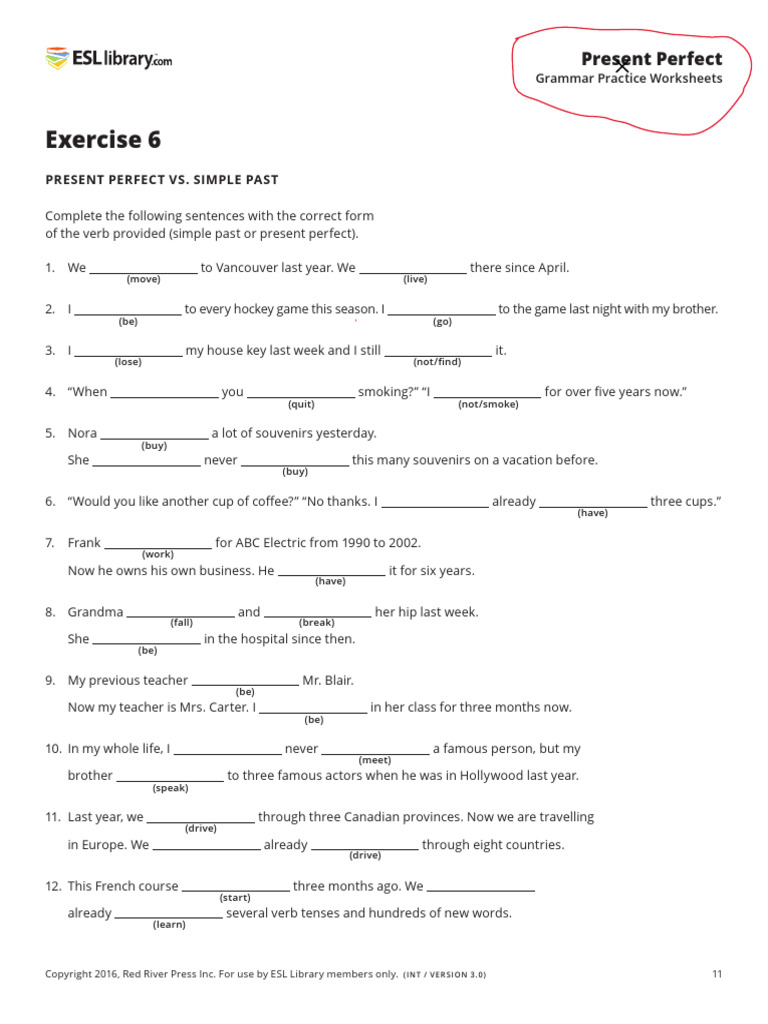 Present Perfect - Grammar Practice Worksheets - ESL Library | PDF ...