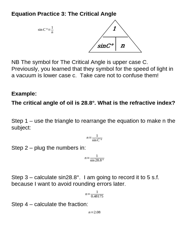 Equation Practice 3 Critical Angle | PDF