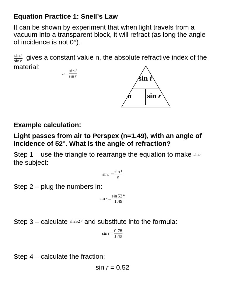 Equation Practice 1 Snells Law | PDF