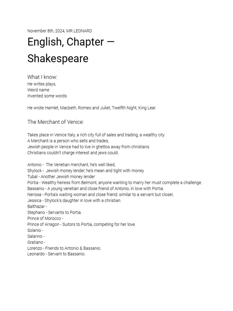 English, shakespeare | PDF | The Merchant Of Venice | Shakespearean ...