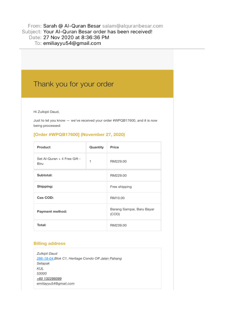 Your Al-Quran Besar Order Has Been Received! | PDF