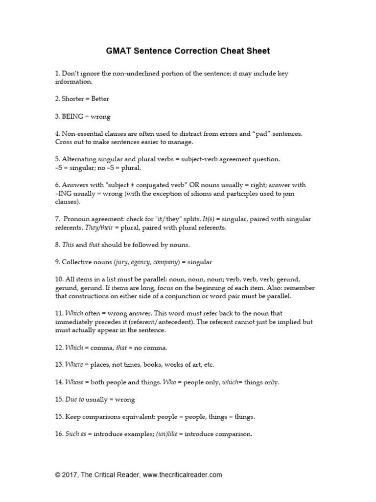 GMAT SC Cheat Sheet | PDF