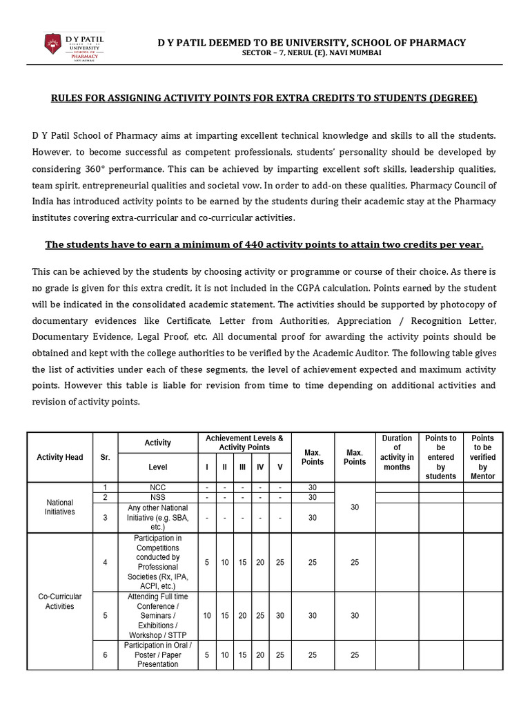 SoP Extra Credit Points Table (Degree) | PDF