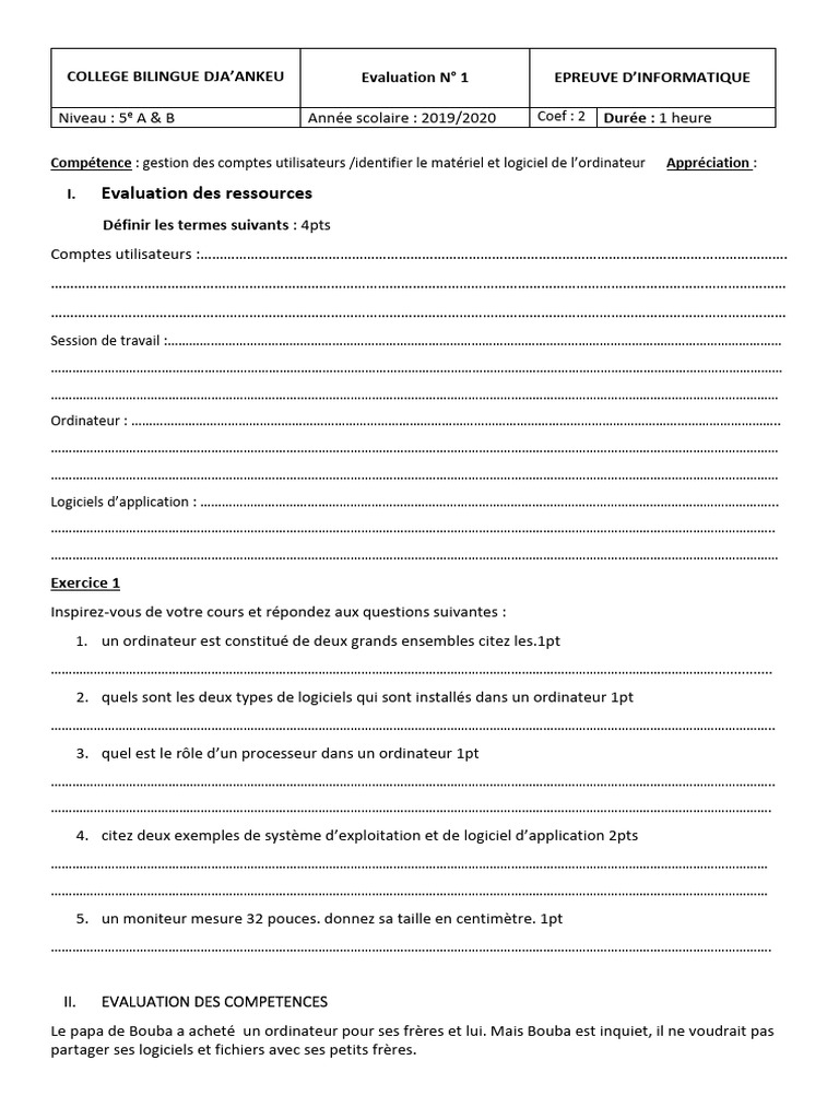 Evaluation N° 1 5e 2019-2020 | PDF