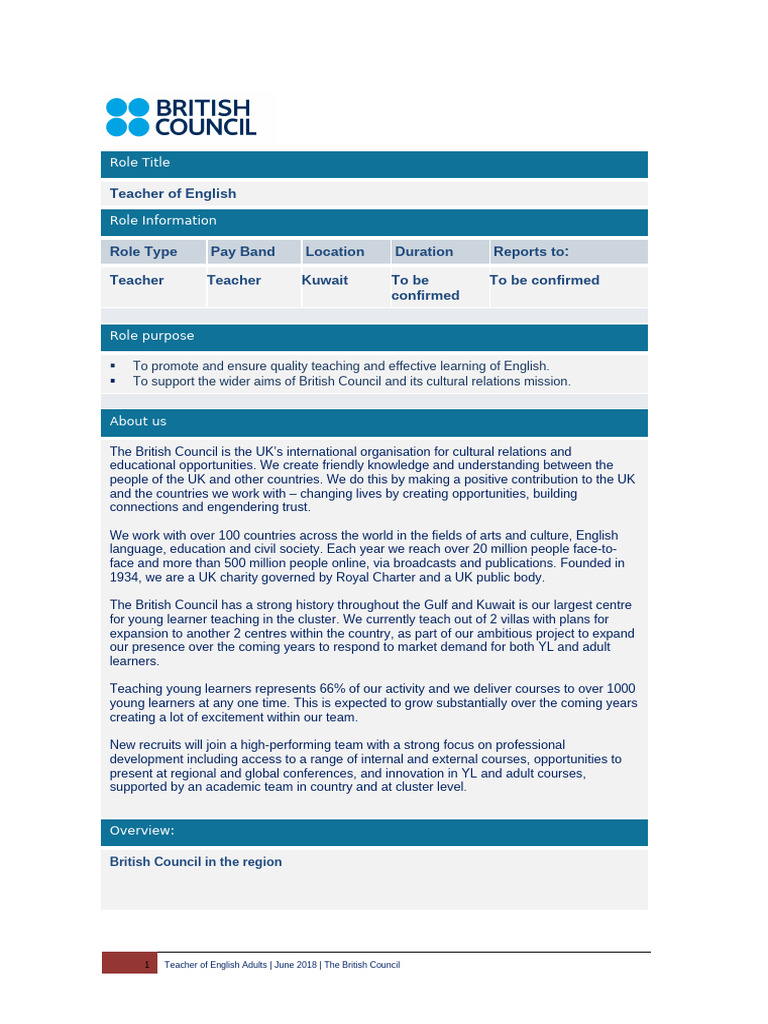 Teacher Role Profile - KWT | PDF | English As A Second Or Foreign ...