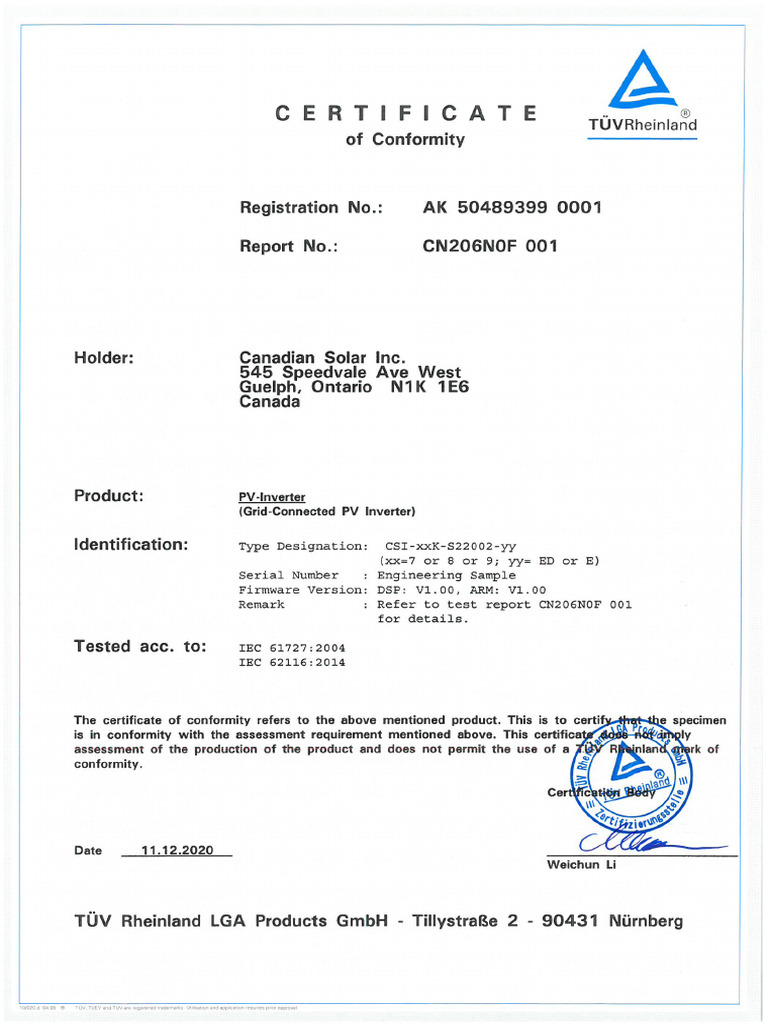 Certificado Csi-7-9k-S22002-E&ed Iec61727 Iec62116 | PDF