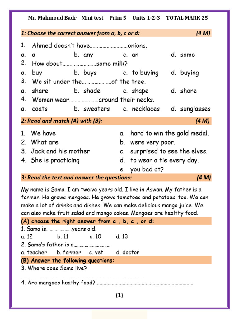 Primary 5 English Mini Test | PDF | Food And Drink Preparation | Food ...