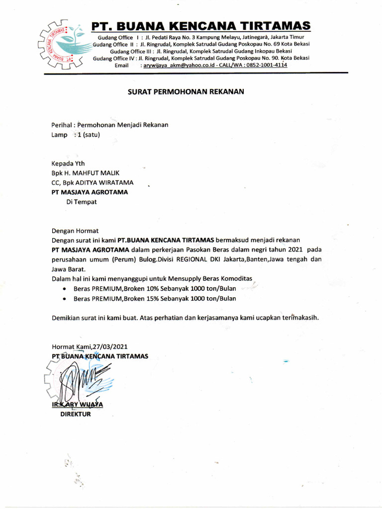 Surat Permohonan Rekanan Bulog | PDF