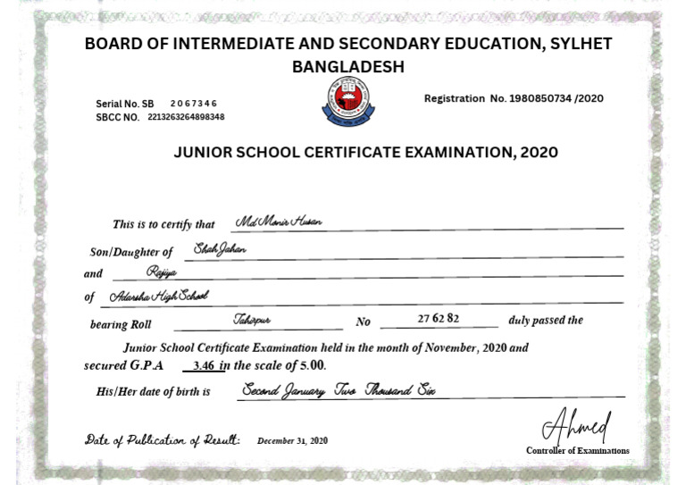 MD Monir Husan JSC Certificate | PDF