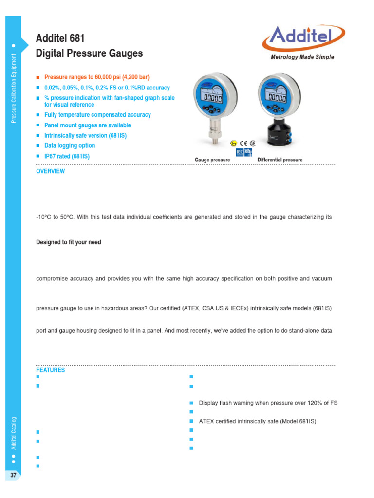 Additel 681 Manómetro Digital | PDF | Pressure Measurement | Calibration