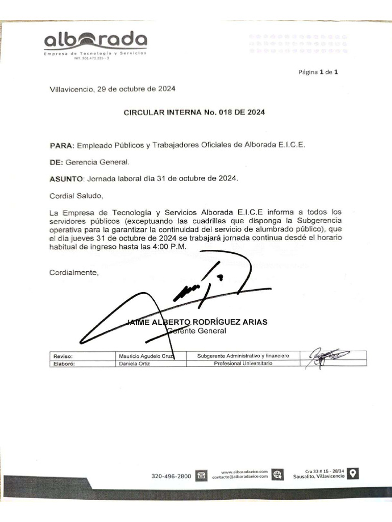 CIRCULAR INTERNA 018 DE 2024 - JORNADA LABORAL 31 DE OCTUBRE | PDF