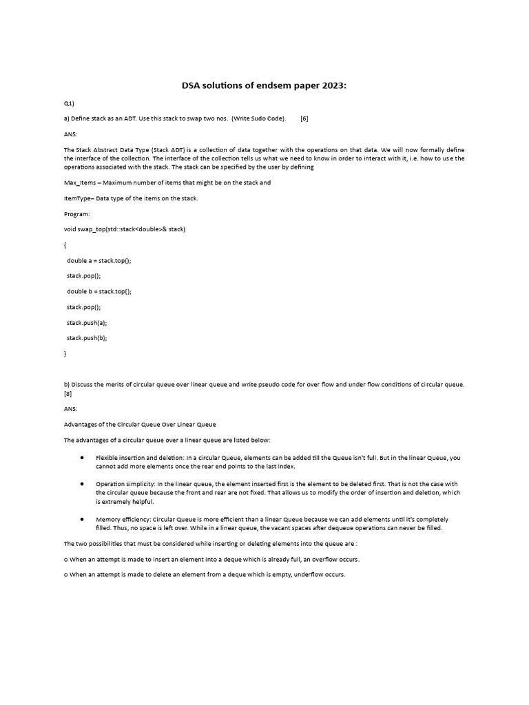 DSA Solutions of Endsem Paper 2023 | PDF | Database Index | Queue (Abstract Data Type)