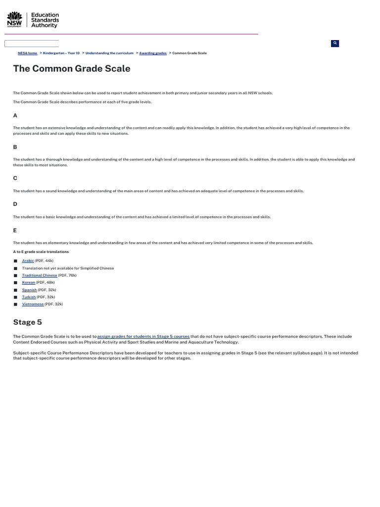 The Common Grade Scale NSW Education Standards | PDF