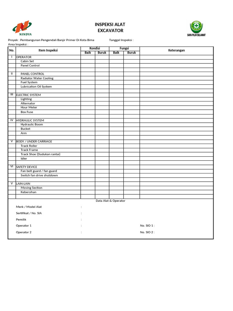 Form. Inspeksi Excavator | PDF