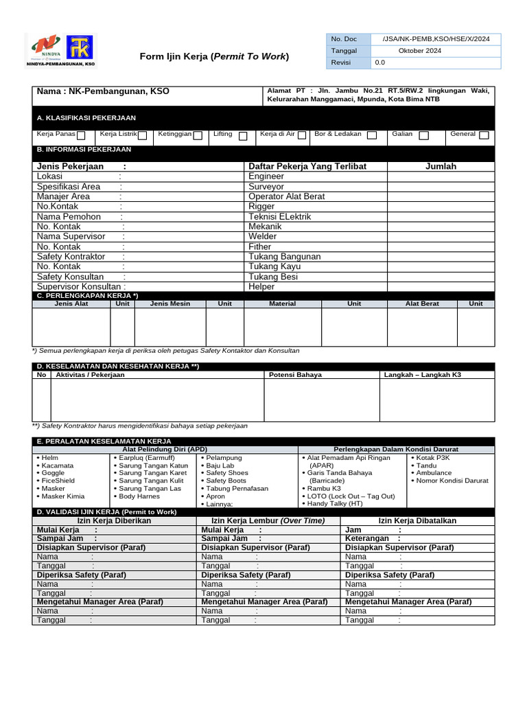 Form. Ijin Kerja (PTW-Bima) | PDF