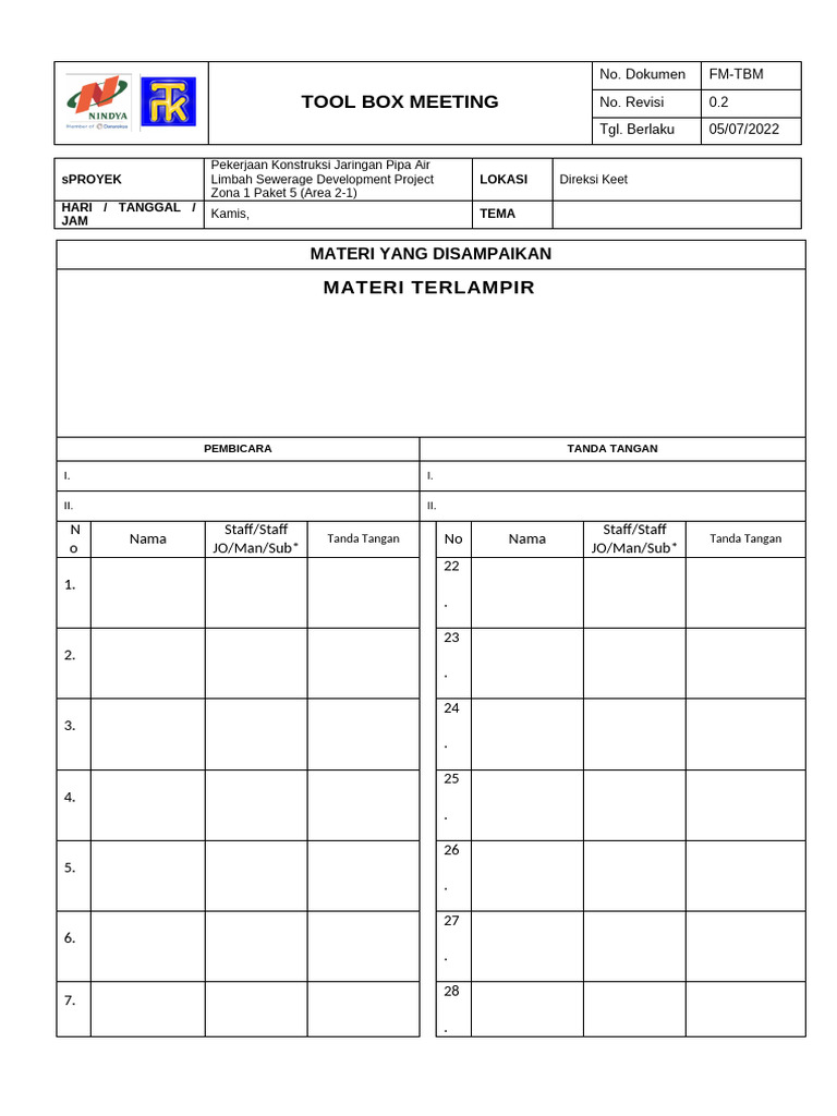 FM-TBM (Tool Box Meeting) | PDF