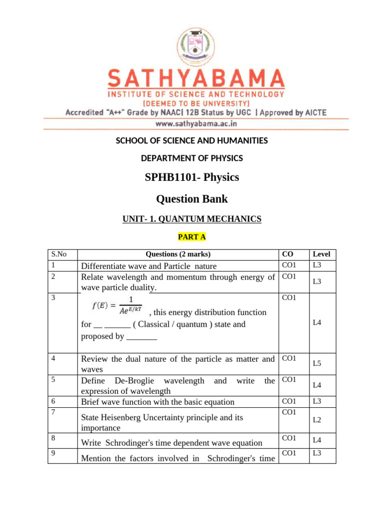 Quantum Mechanics Question Bank for Physics | PDF | Laser | Crystal ...