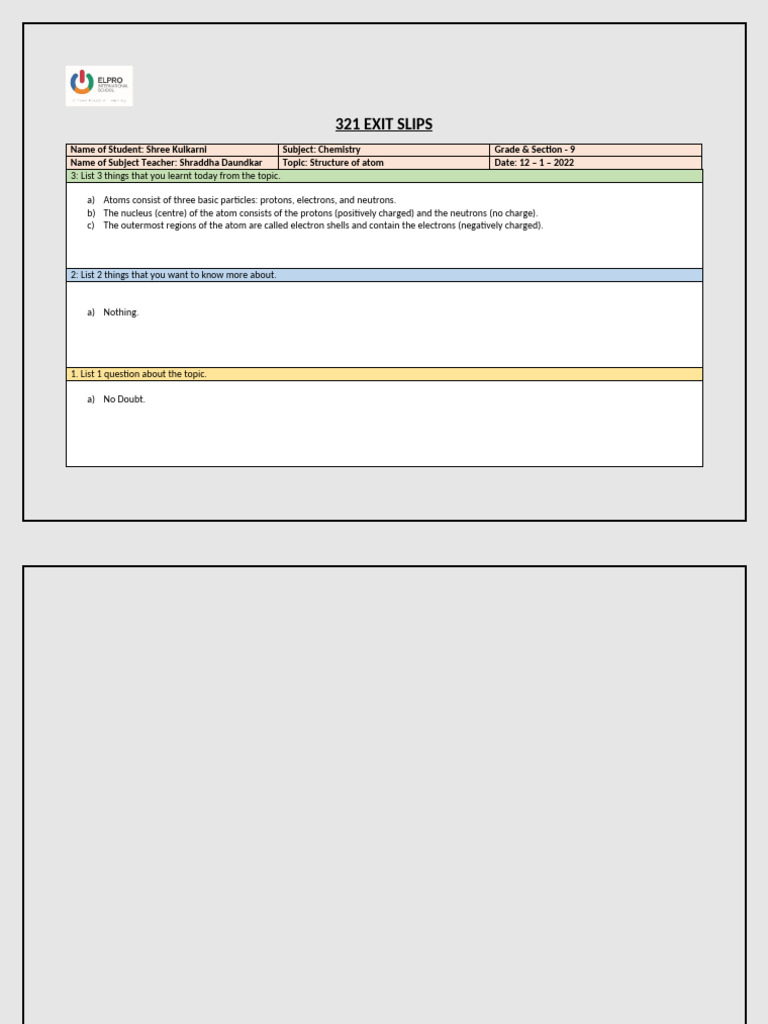 Shree Kulkarni Class - 9 Chemistry Structure of Atom Exit Slip | PDF