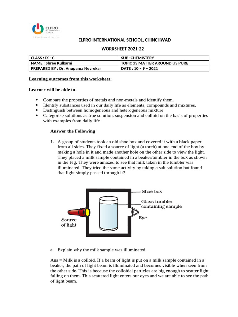Chemistry Worksheet: Matter and Mixtures | PDF | Mixture | Light