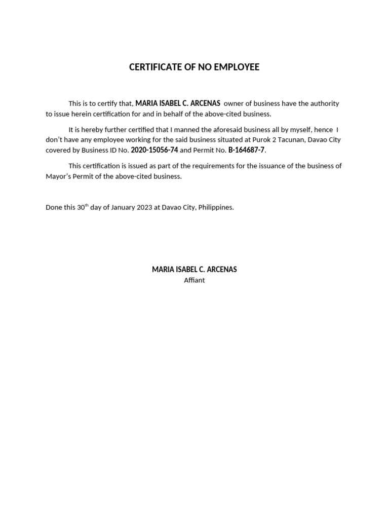 Certificate of No Employee for Business | PDF
