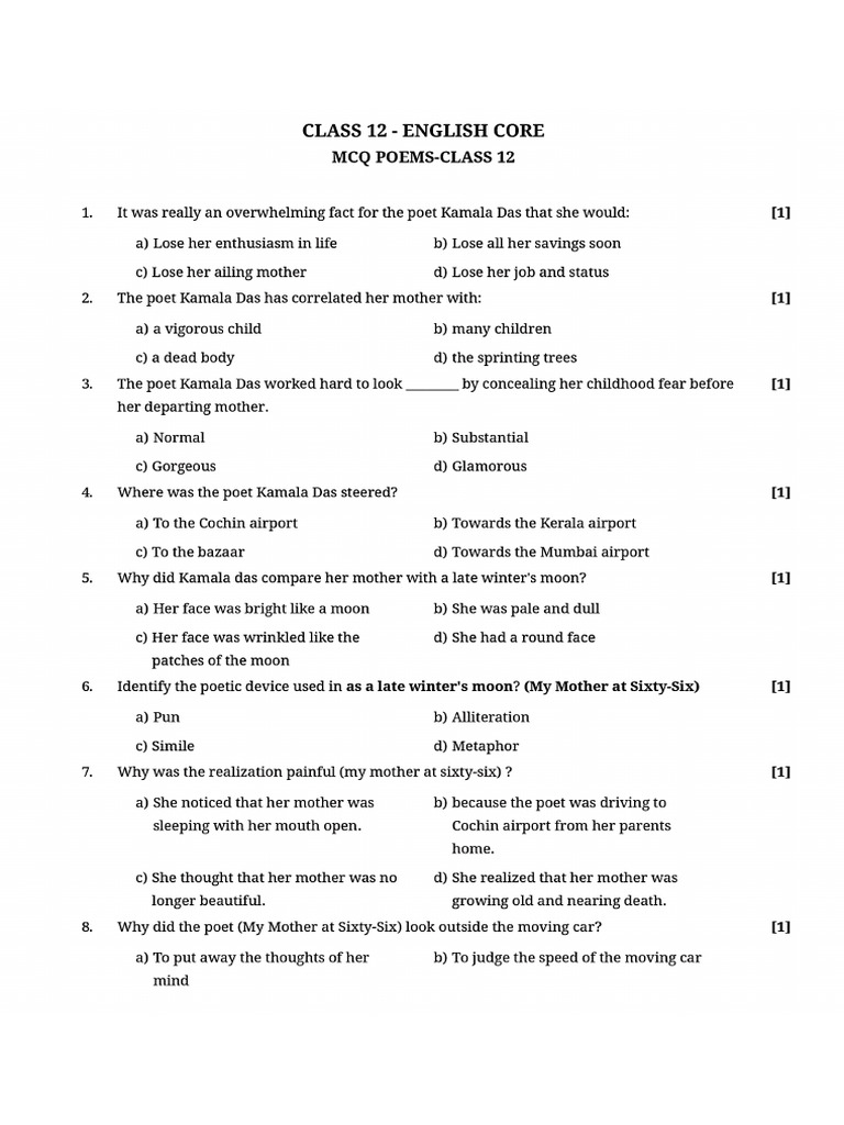 Class 12 MCQ - All Poems | PDF