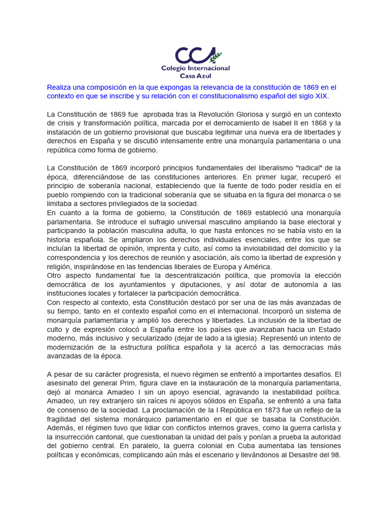 Constitución de 1869: Impacto y Contexto | PDF | Constitución | España