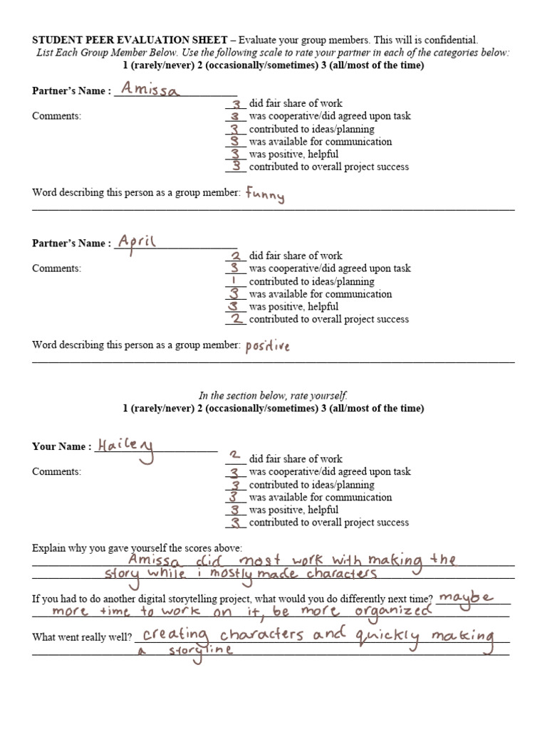 Student Peer Evaluation Sheet | PDF