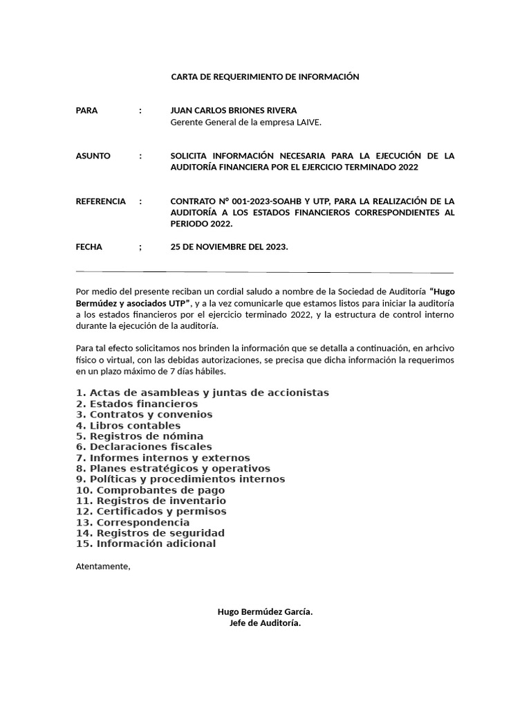 Carta de Requerimiento de Información | PDF