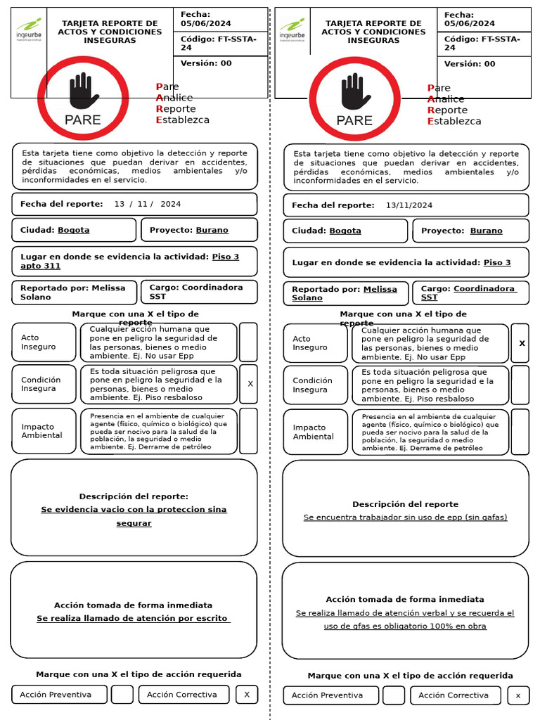 3. TARJETA REPORTE DE ACTOS Y CONDICIONES INSEGURAS | PDF
