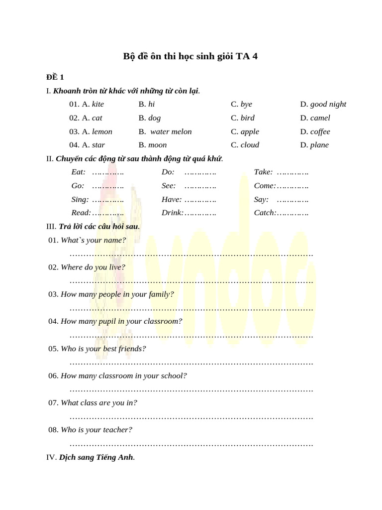 Bo de Thi Hoc Sinh Gioi Tieng Anh Lop 4 Nam 2022 | PDF