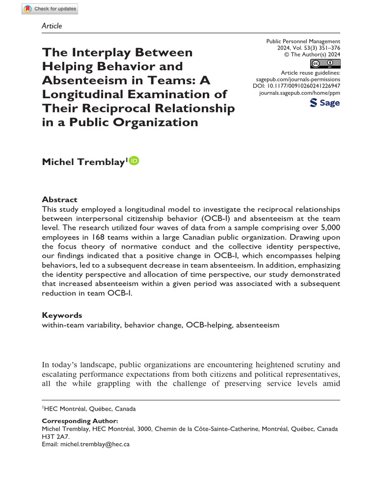 The Interplay Between Helping Behavior and Absenteeism in Teams | PDF | Social Psychology ...