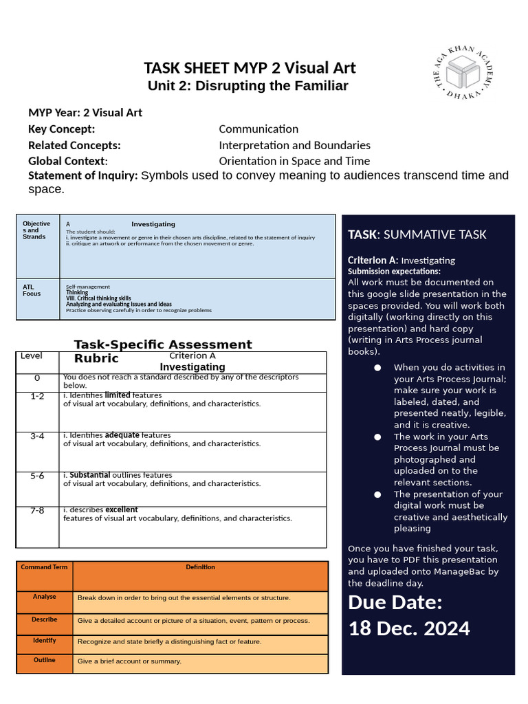 MYP 2 Visual Art Task Sheet: Unit 2 | PDF | Image | Cognitive Science
