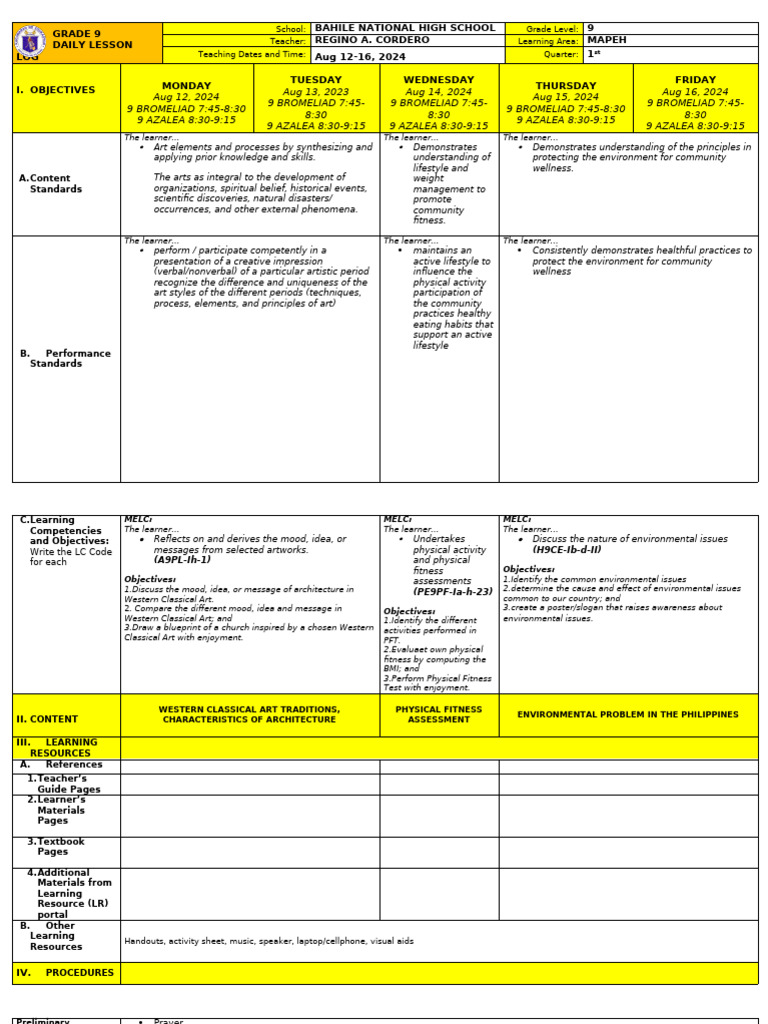 GRADE-9_MAPEH_Q1-W4 | PDF | Learning | Cognitive Science