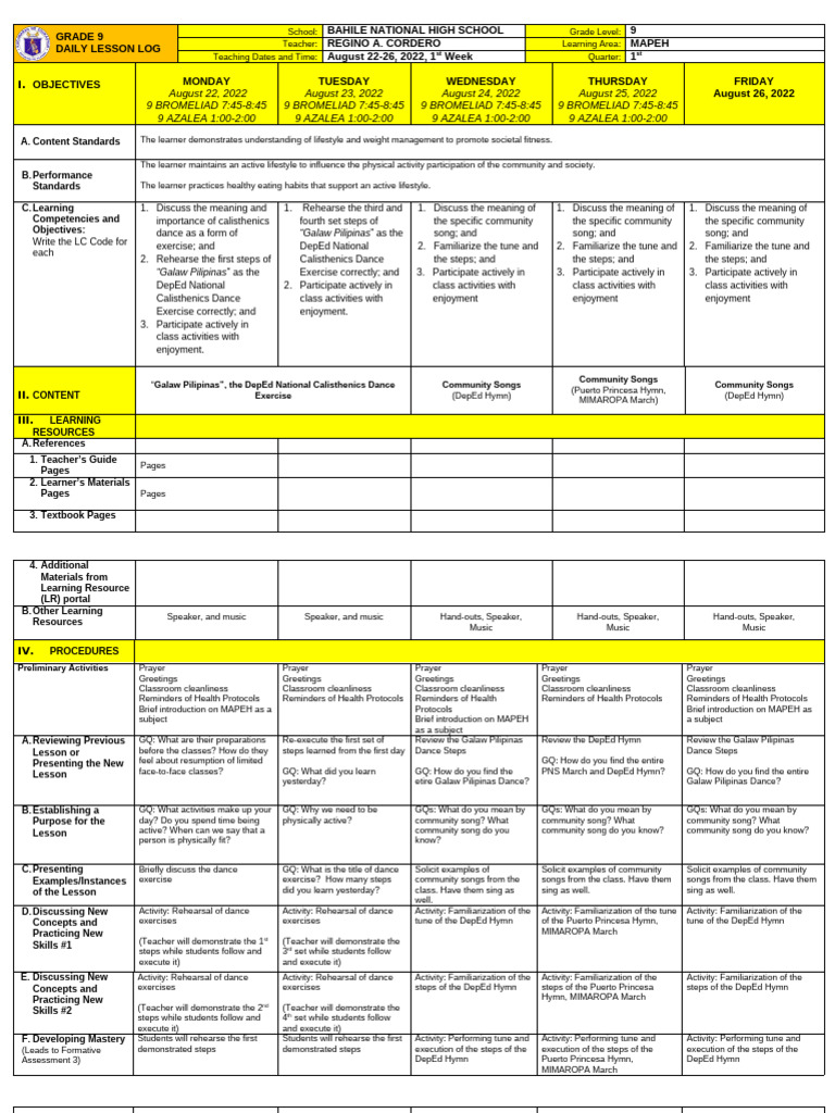 GRADE-9_MAPEH_Q1-W1 | PDF | Behavior Modification | Learning